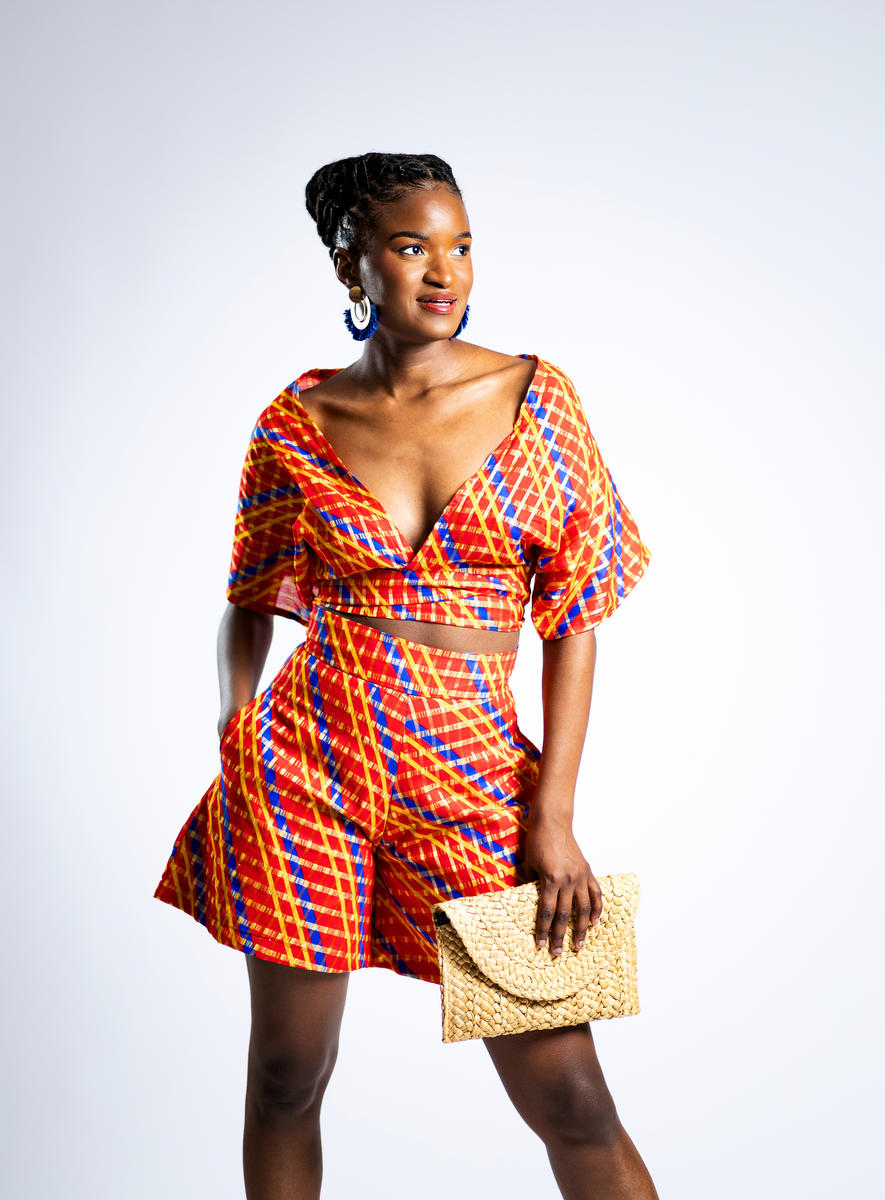 Red, Blue, Yellow and Gold Madras Print Two Piece Short Set – The ...
